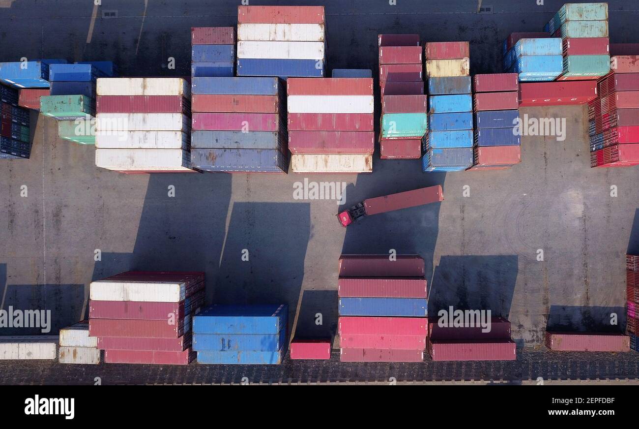 Aerial view of stacks of containers in a container terminal at Yuanyang ...