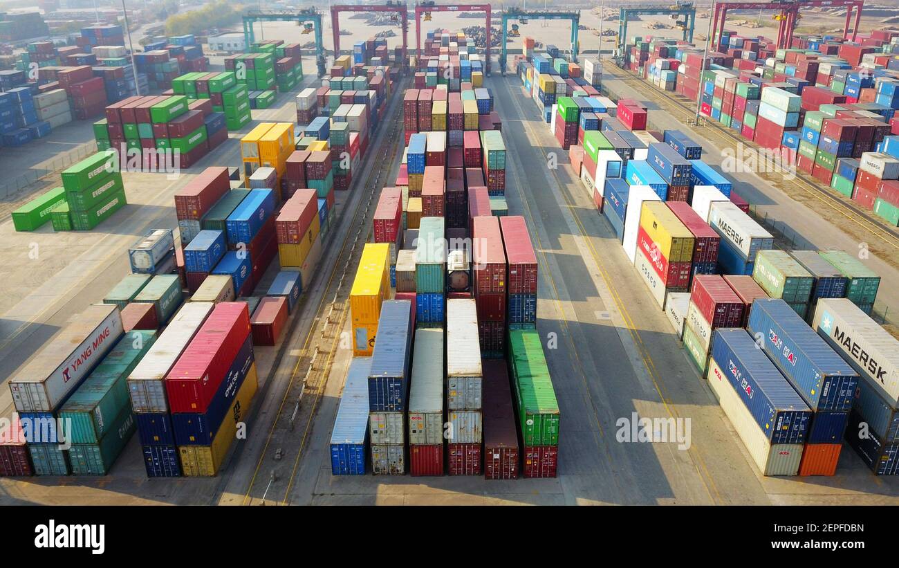 Aerial view of stacks of containers in a container terminal at Yuanyang ...