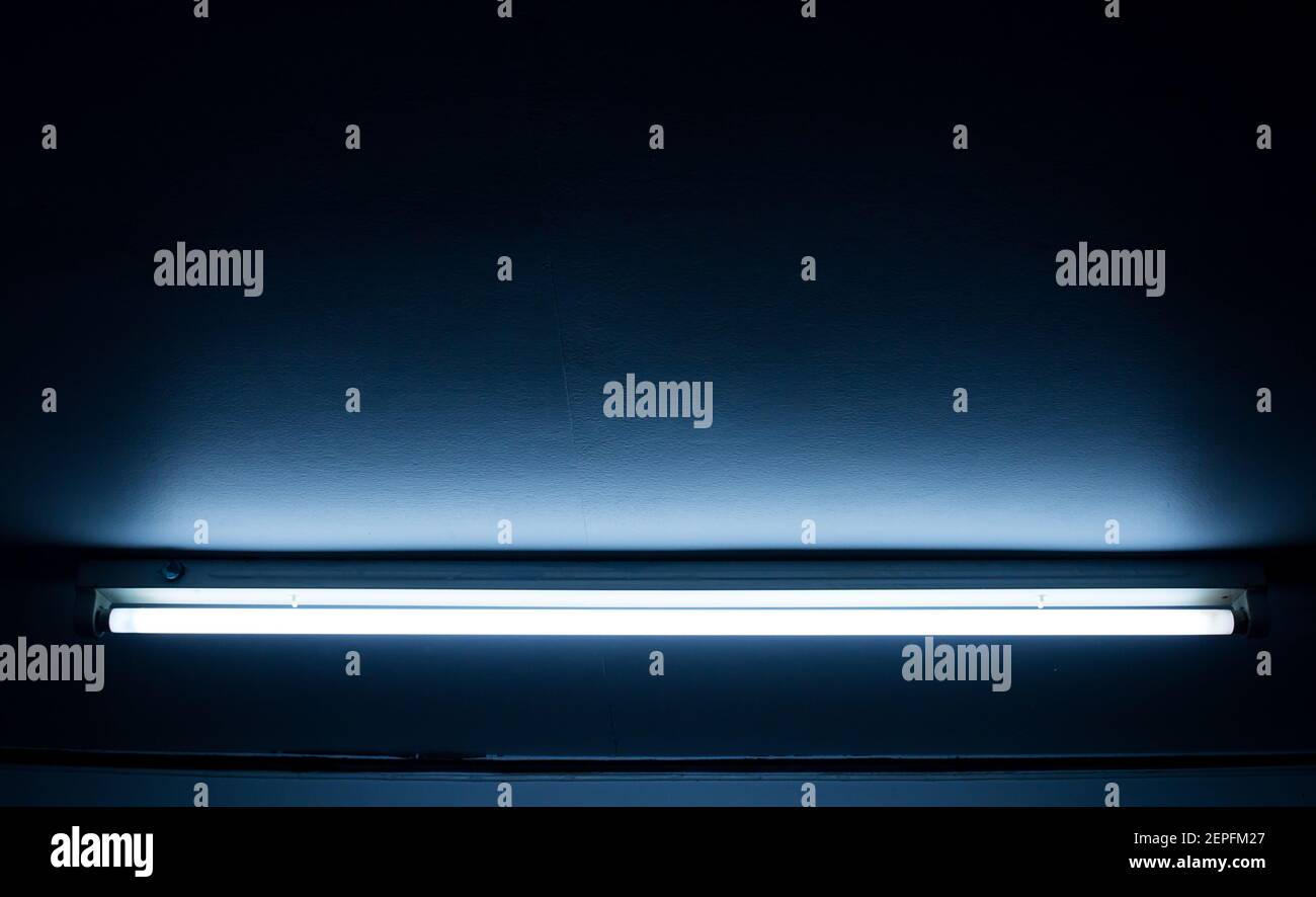 Detail of a fluorescent tube mounted on a wall, false green color light ...