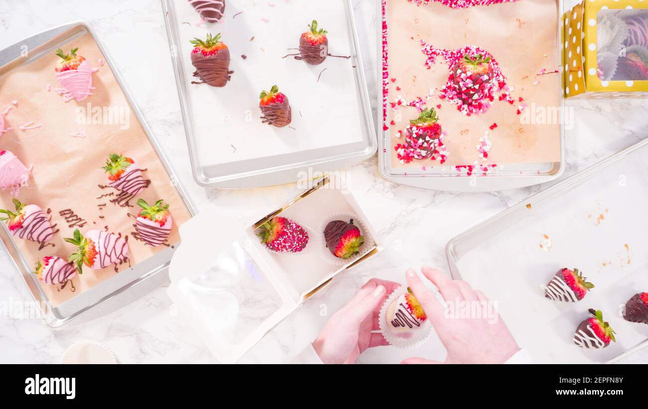 Flat lay. Step by step. Packing gourmet chocolate dipped strawberries ...