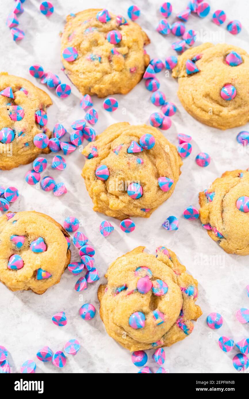 Freshly baked unicorn chocolate chip cookies with rainbow chocolate ...