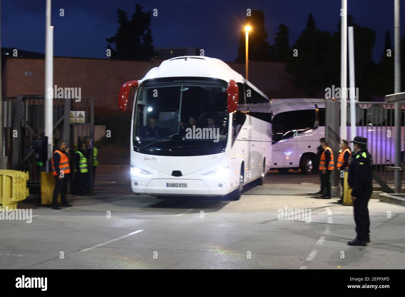 FC Barcelona and Real Madrid CF buses arriving together at the Camp Nou ...