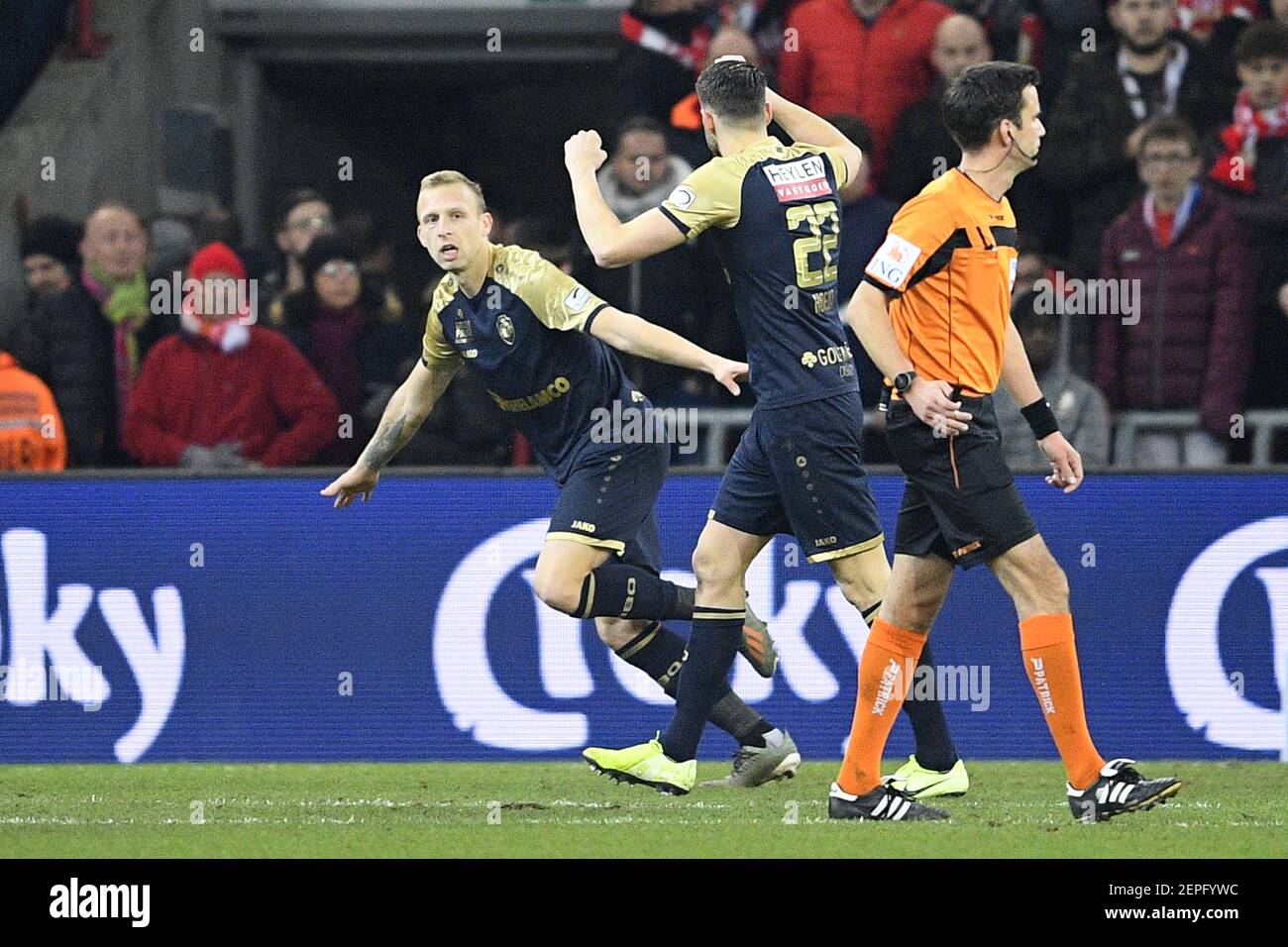 Antwerp's Ritchie De Laet celebrates after scoring during a soccer game ...