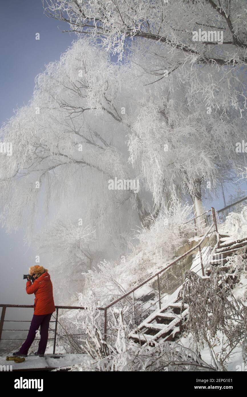 Jilin,CHINA-A scene of rime at the small rime island by the Songhua ...