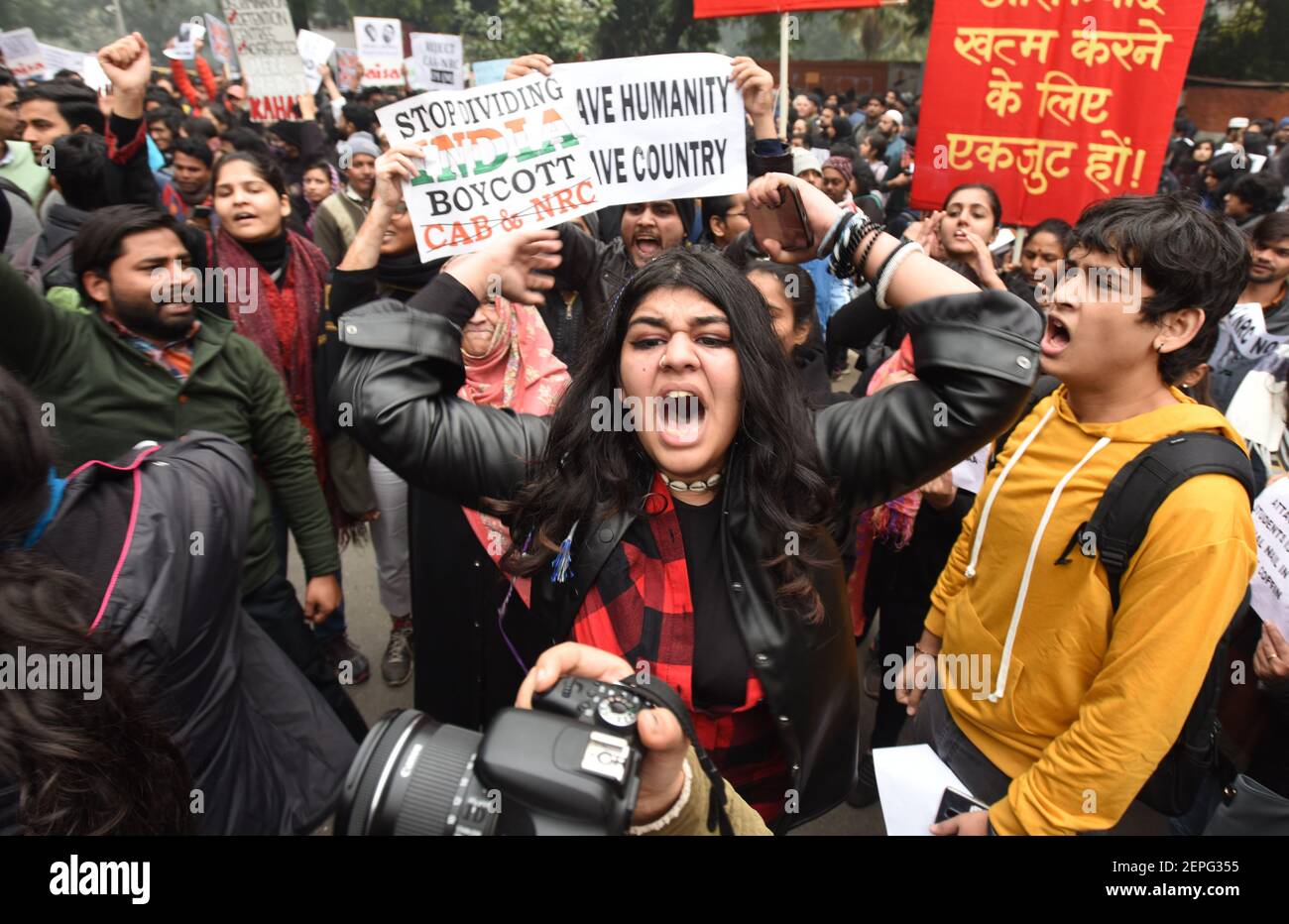 NEW DELHI, INDIA - DECEMBER 19: Protesters with posters and placards ...