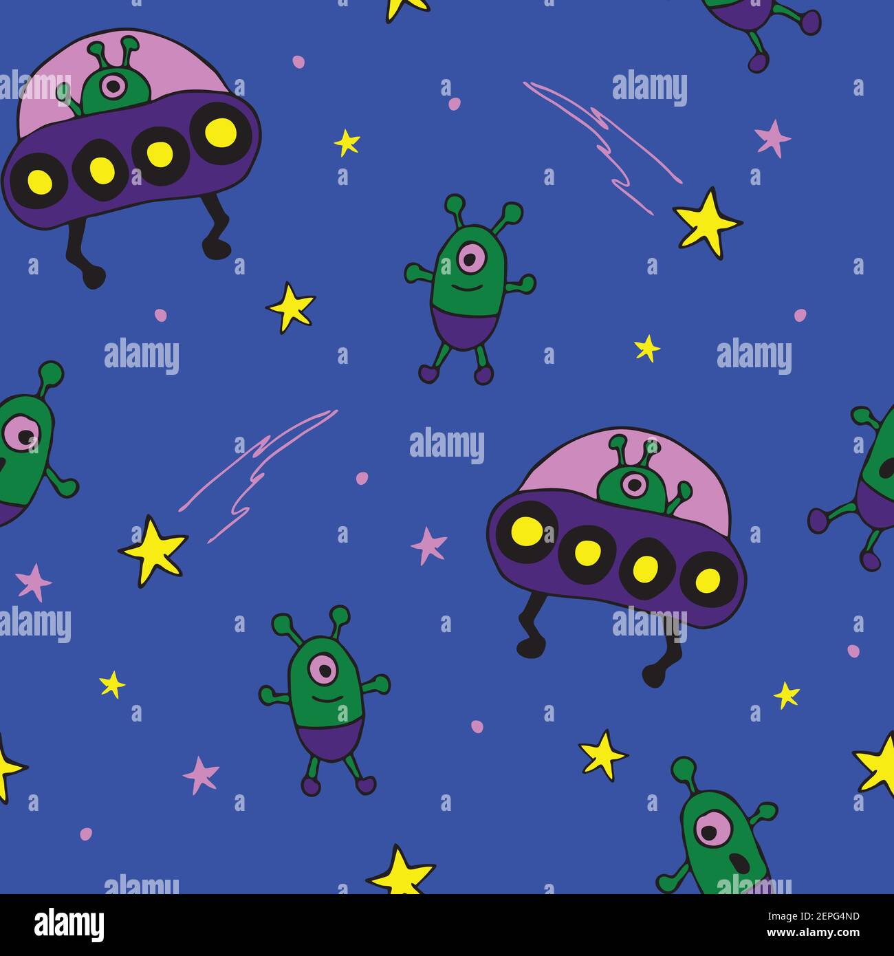 Seamless vector pattern with cartoon aliens on blue background. Simple ...