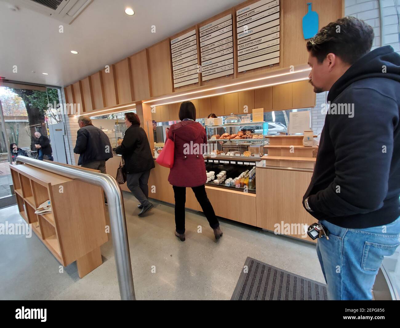 Interior of newly-opened Blue Bottle Coffee cafe on Santana Row in the ...