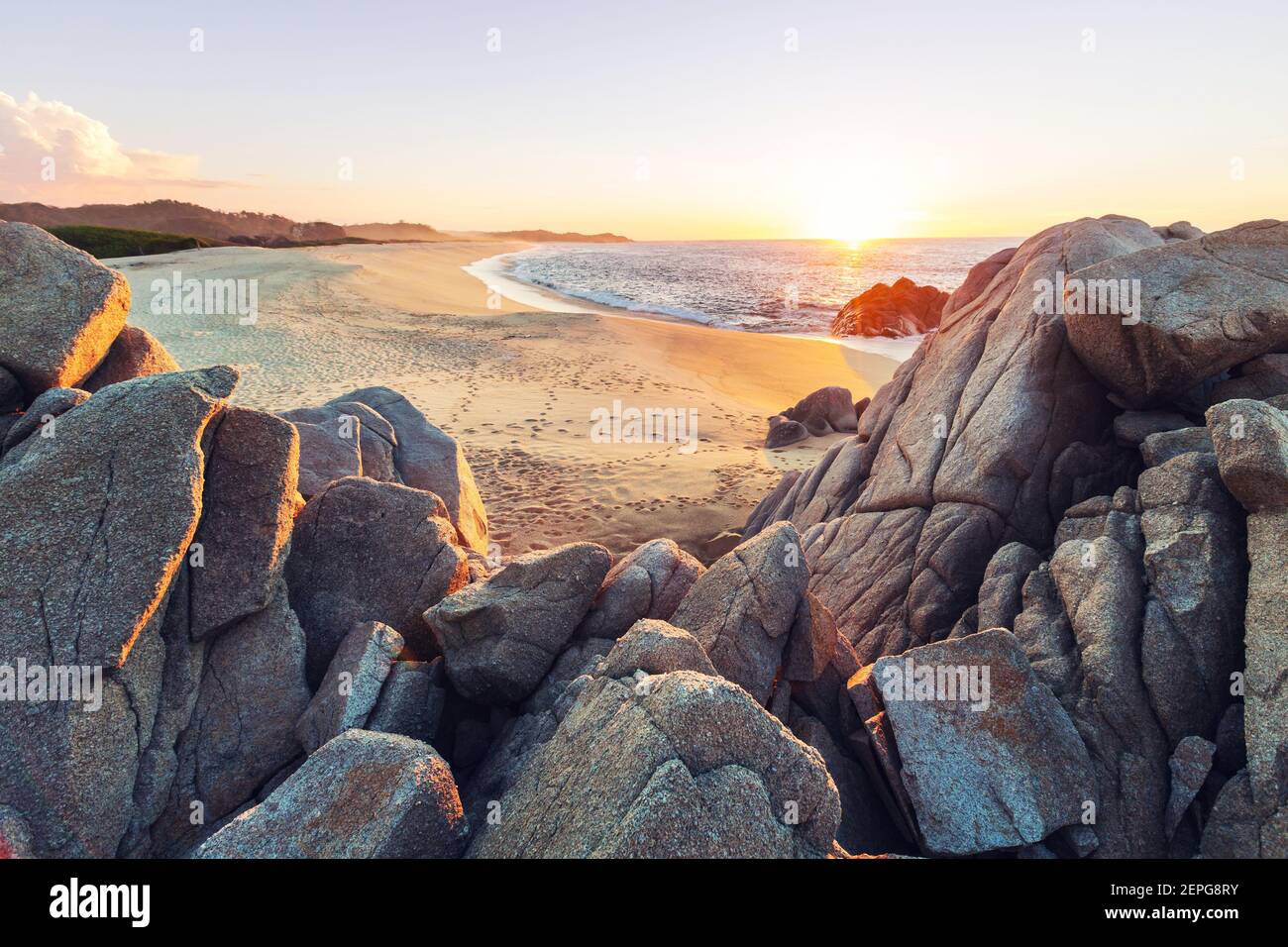 Beautiful sandy beach at sunrise for vacation background Stock Photo ...
