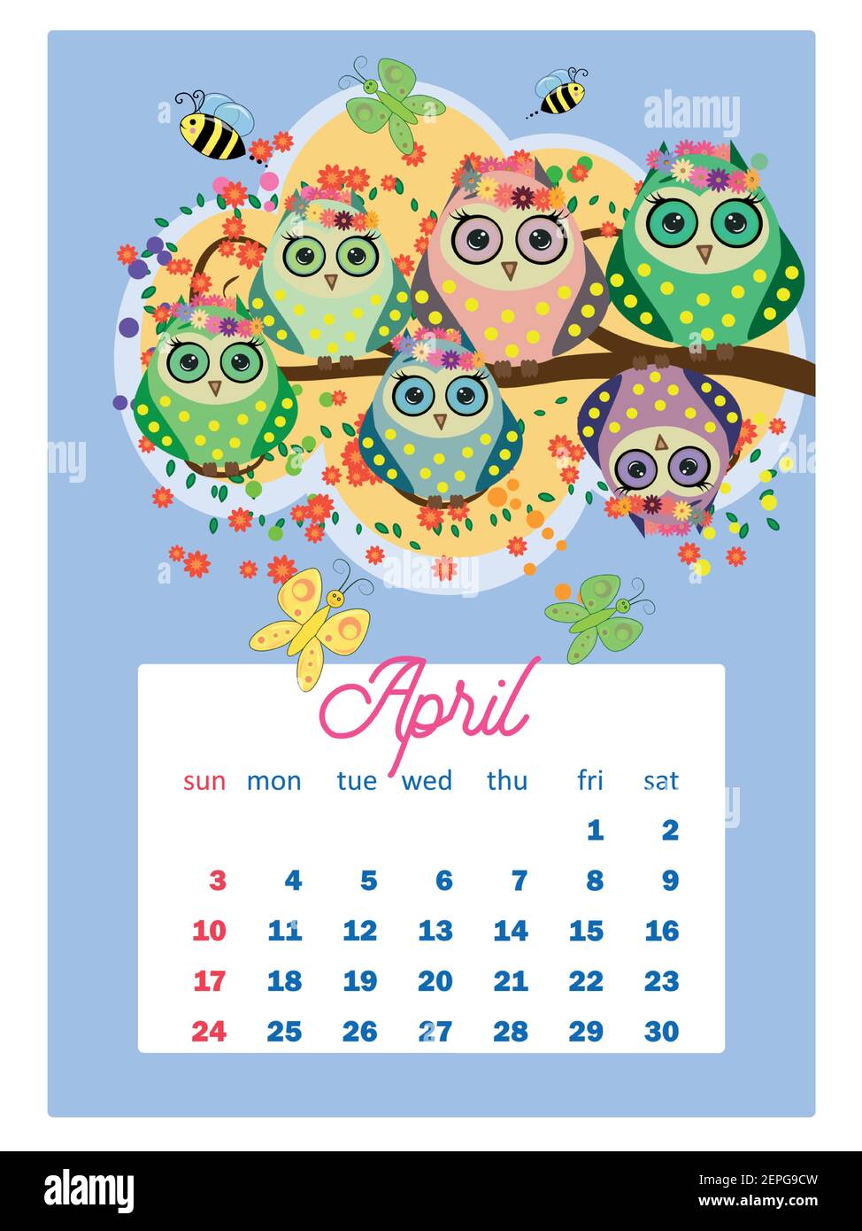 Calendar 2022. Cute owls and birds for every month. Wall vertical ...