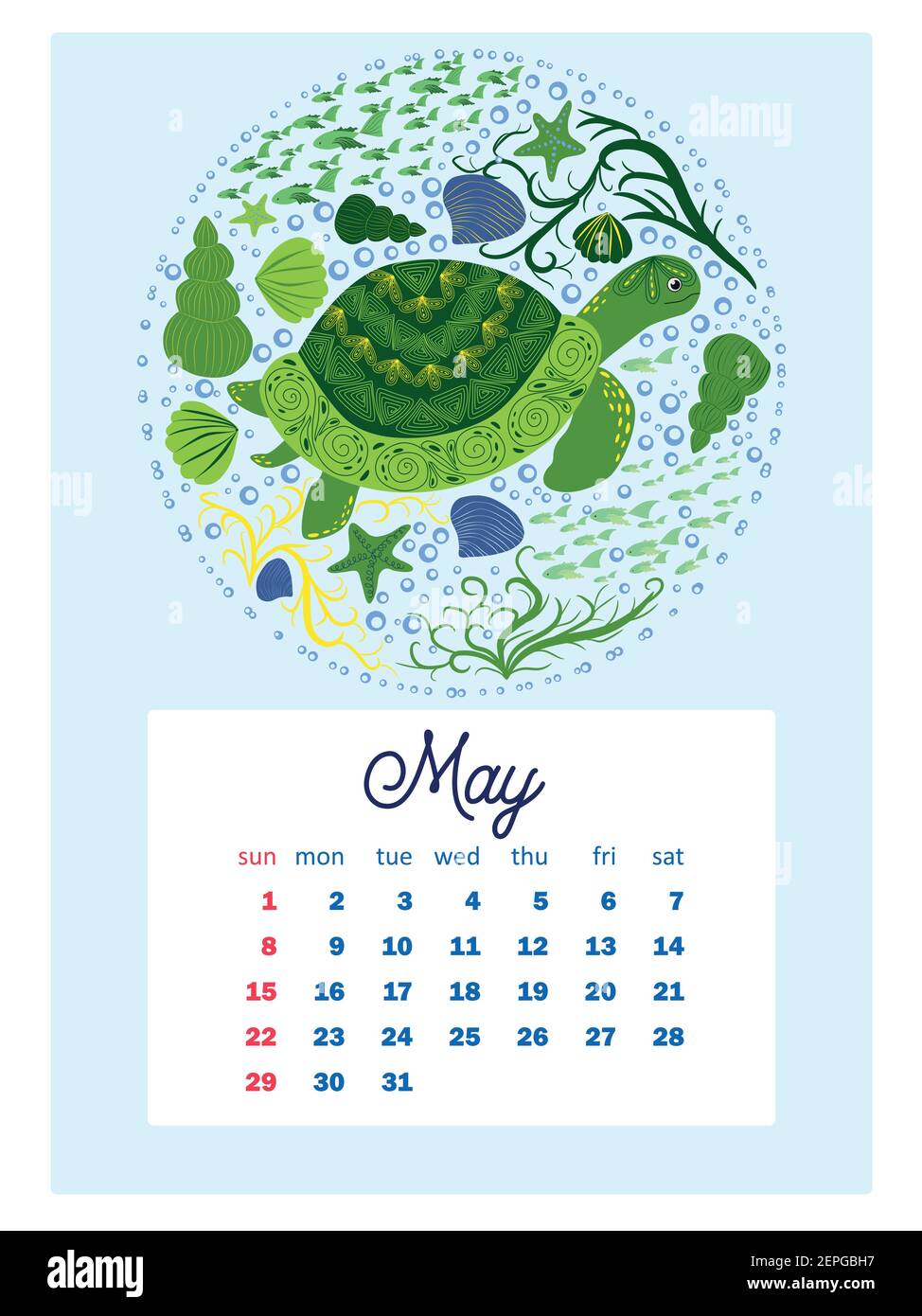 Marine life. calendar design template for 2022, A4 format. Week starts ...