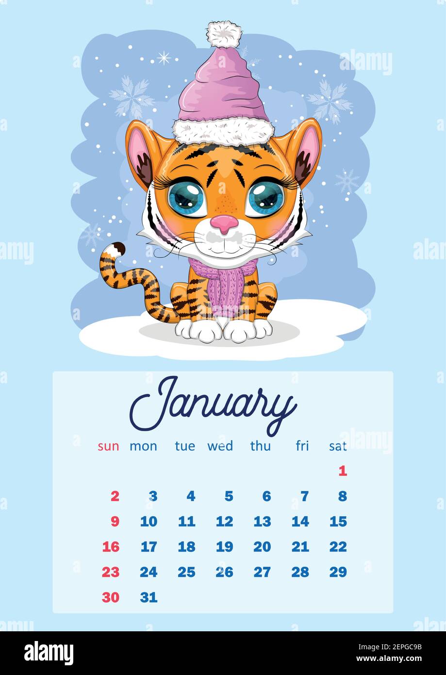 Cute Tiger Wall Calendar Template for 2022, Year of the Tiger, Chinese ...
