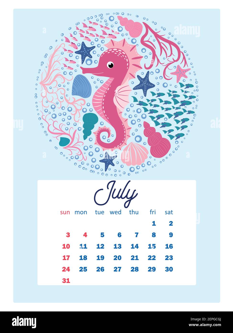 Marine life. calendar design template for 2022, A4 format. Week starts ...