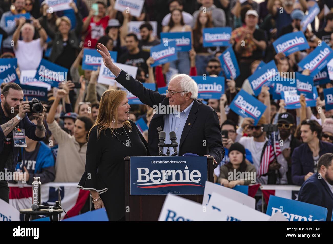 U.S. Senator Bernie Sanders speaking at a campaign rally held at Venice ...