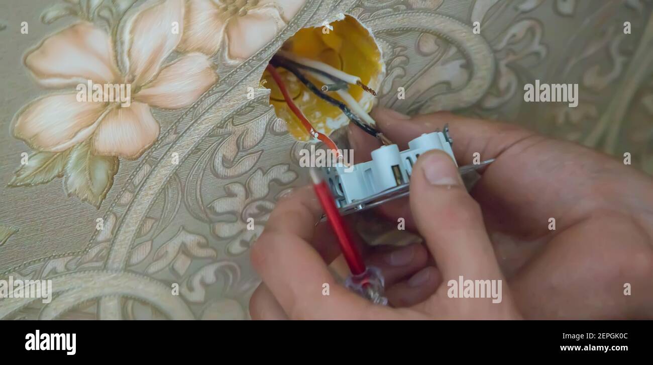 write electrical work, switch and socket installation.selectiv focus ...