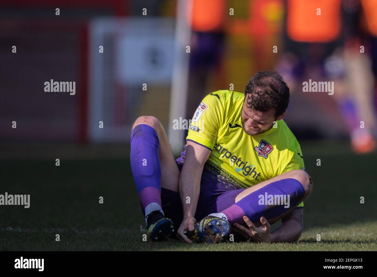 Pierce Sweeney #26 of Exeter City injured in Crawley, UK on 2/27/2021 ...