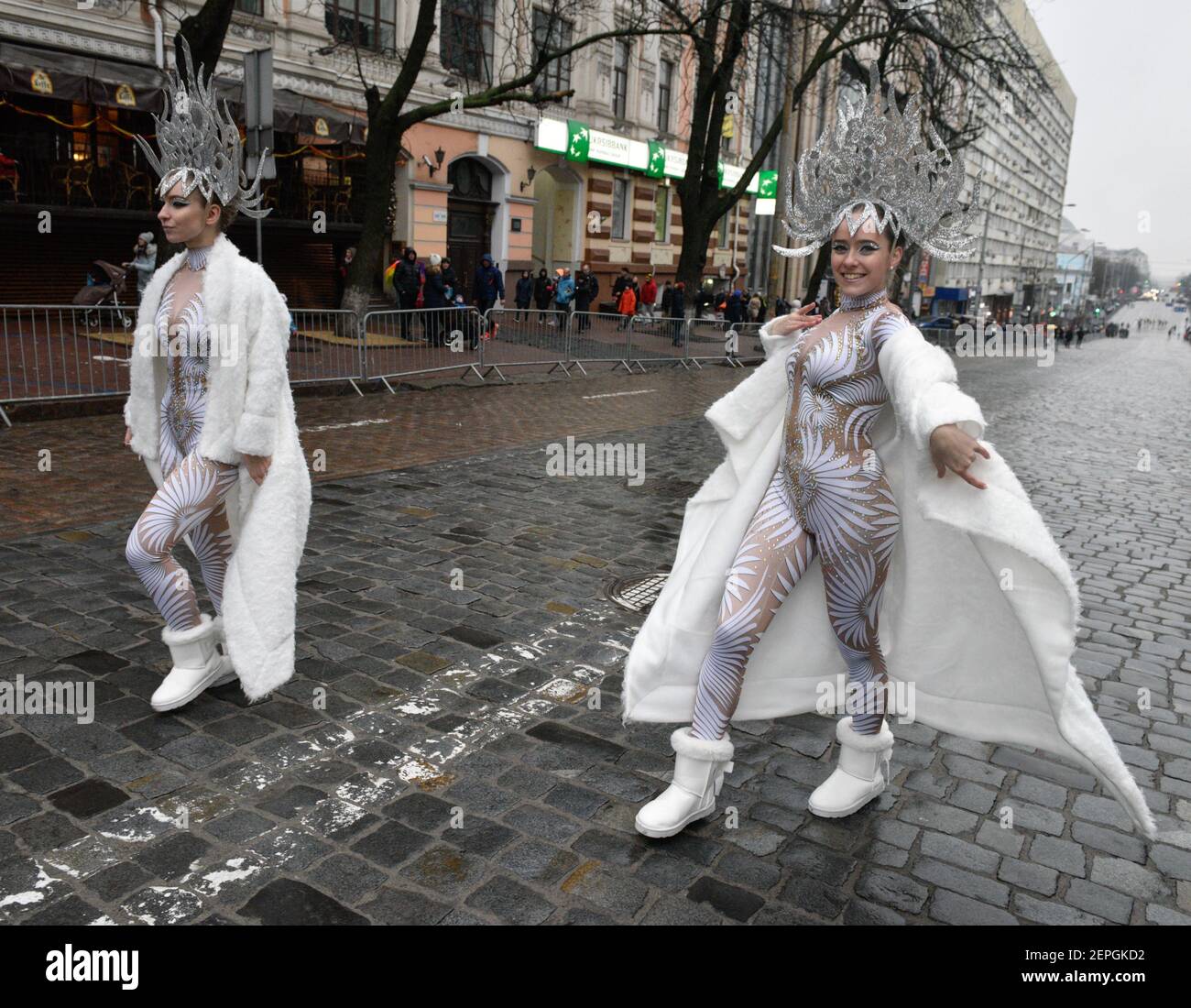 Fairy-tale characters in suits of the snow queen during the first New ...