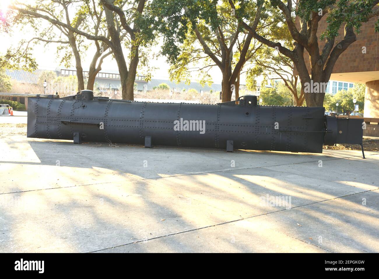 Hampton Park Model of Confederate sub Hunley and volunteers lined up ...