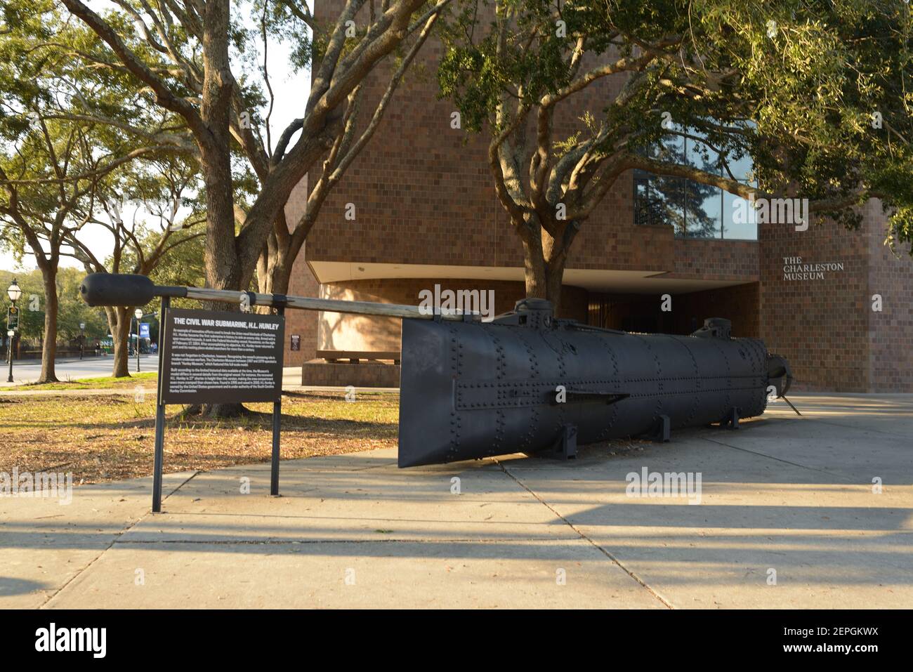 Hampton Park Model of Confederate sub Hunley and volunteers lined up ...