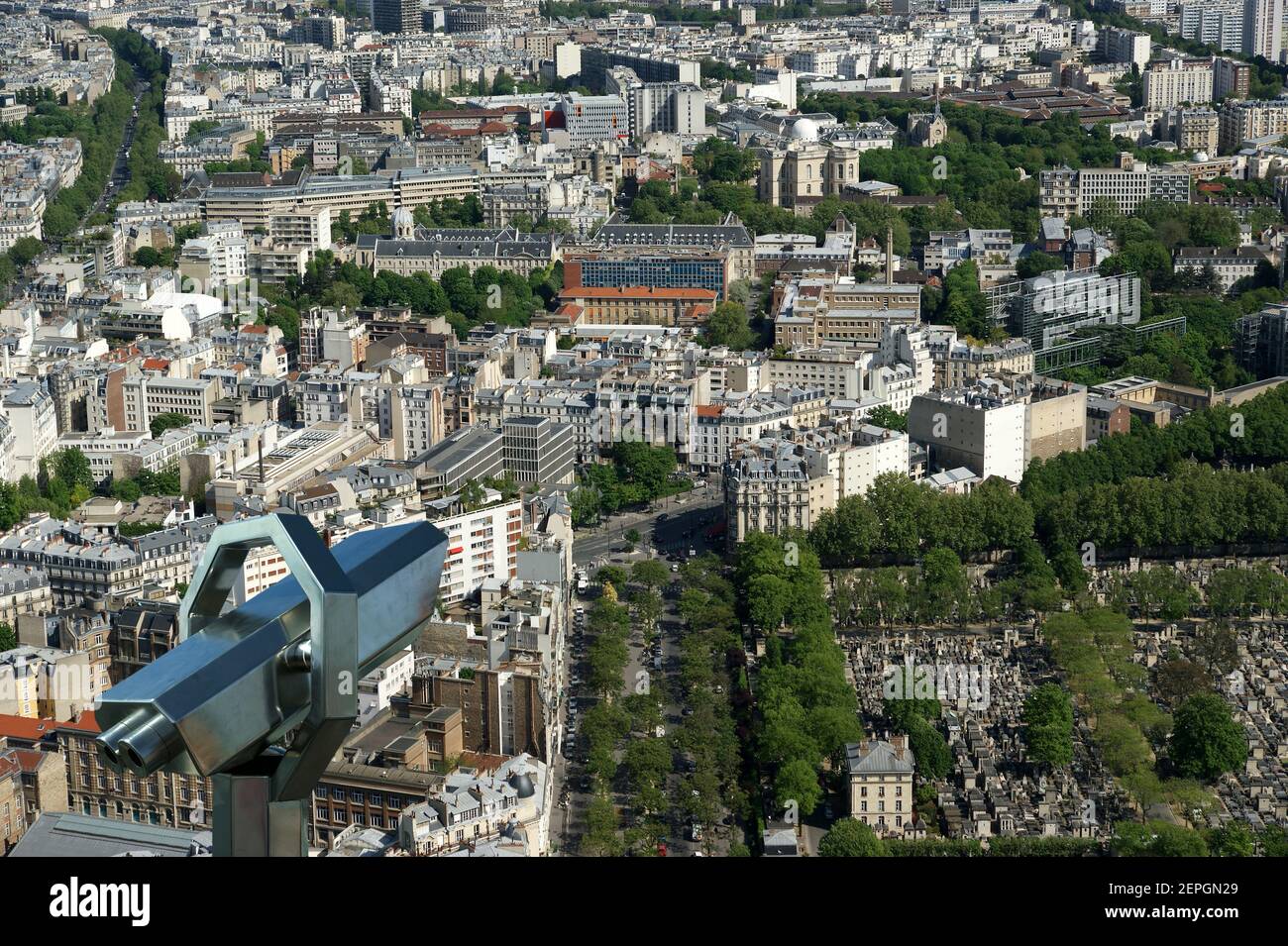 Telescope viewer and city skyline at daytime. Paris, France. Taken from ...