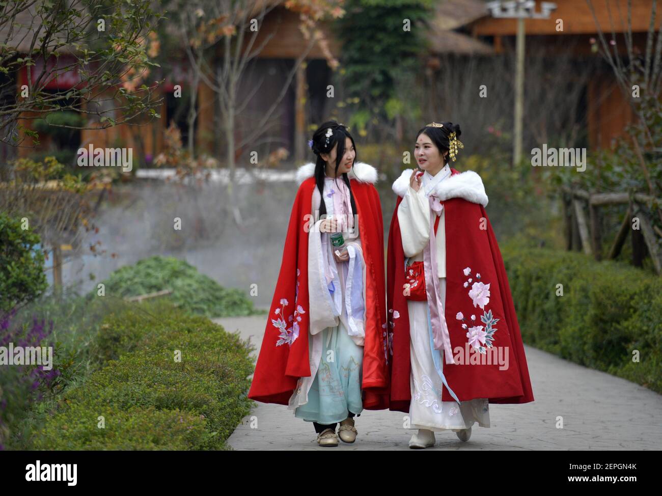 Young people wearing traditional Han clothes to welcome the traditional ...