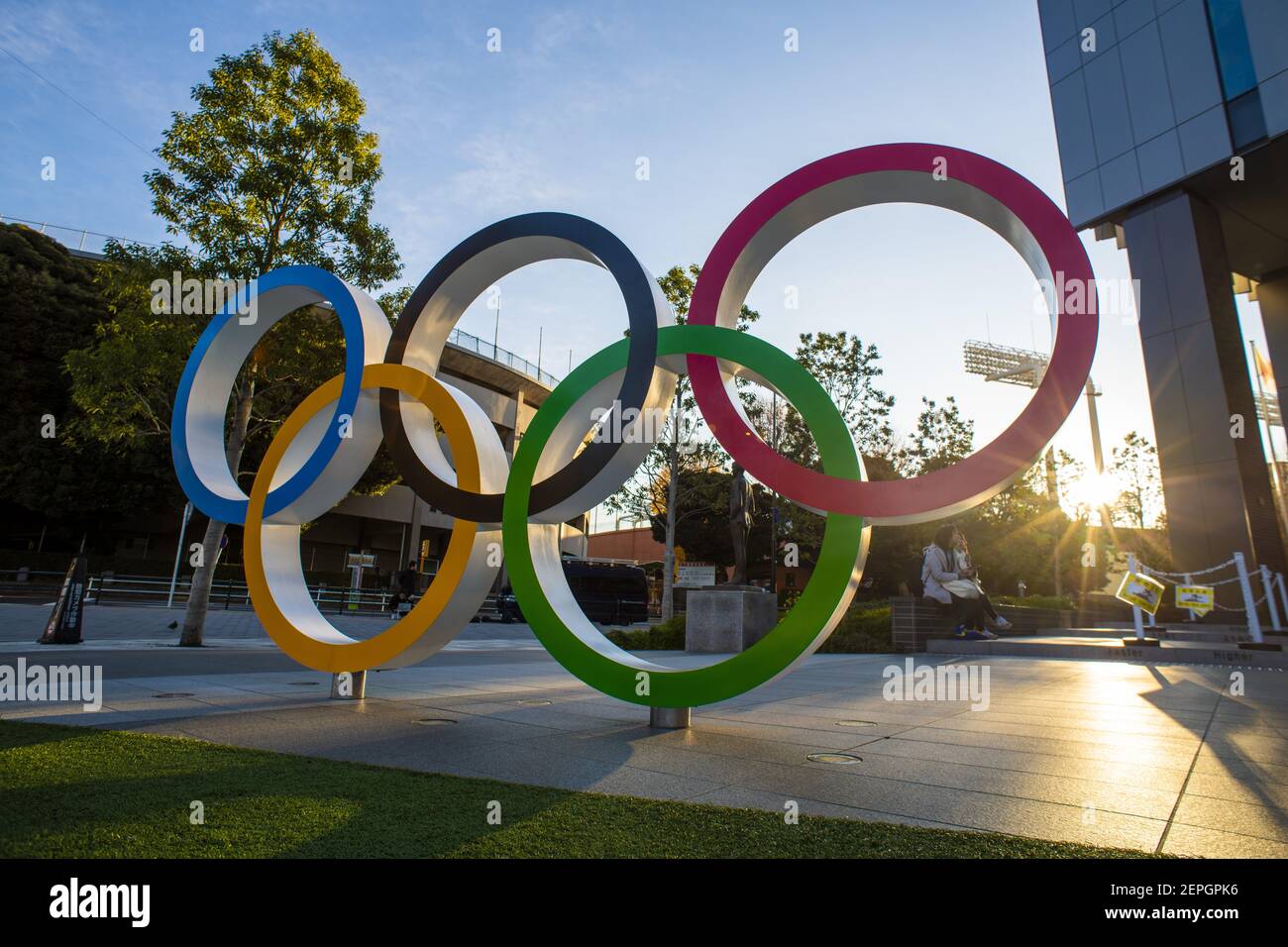 The Olympic rings is seen outside the newly completed New National ...