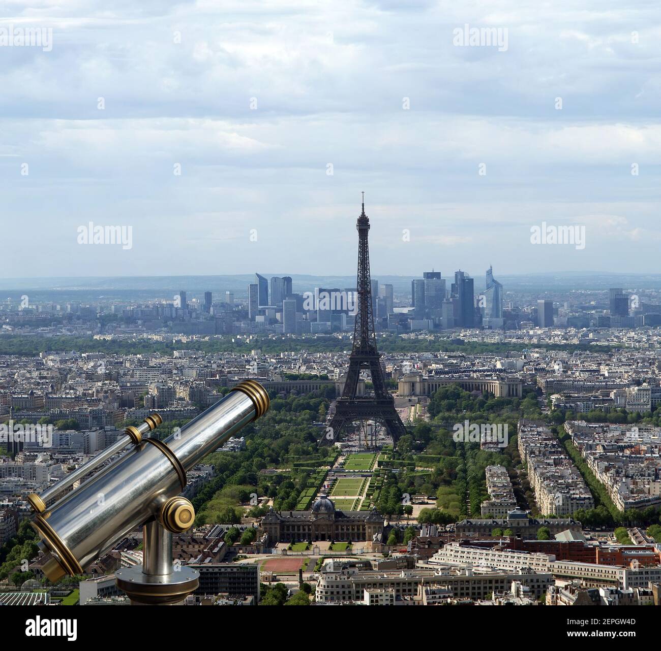 Telescope viewer and city skyline at daytime. Paris, France. Taken from ...