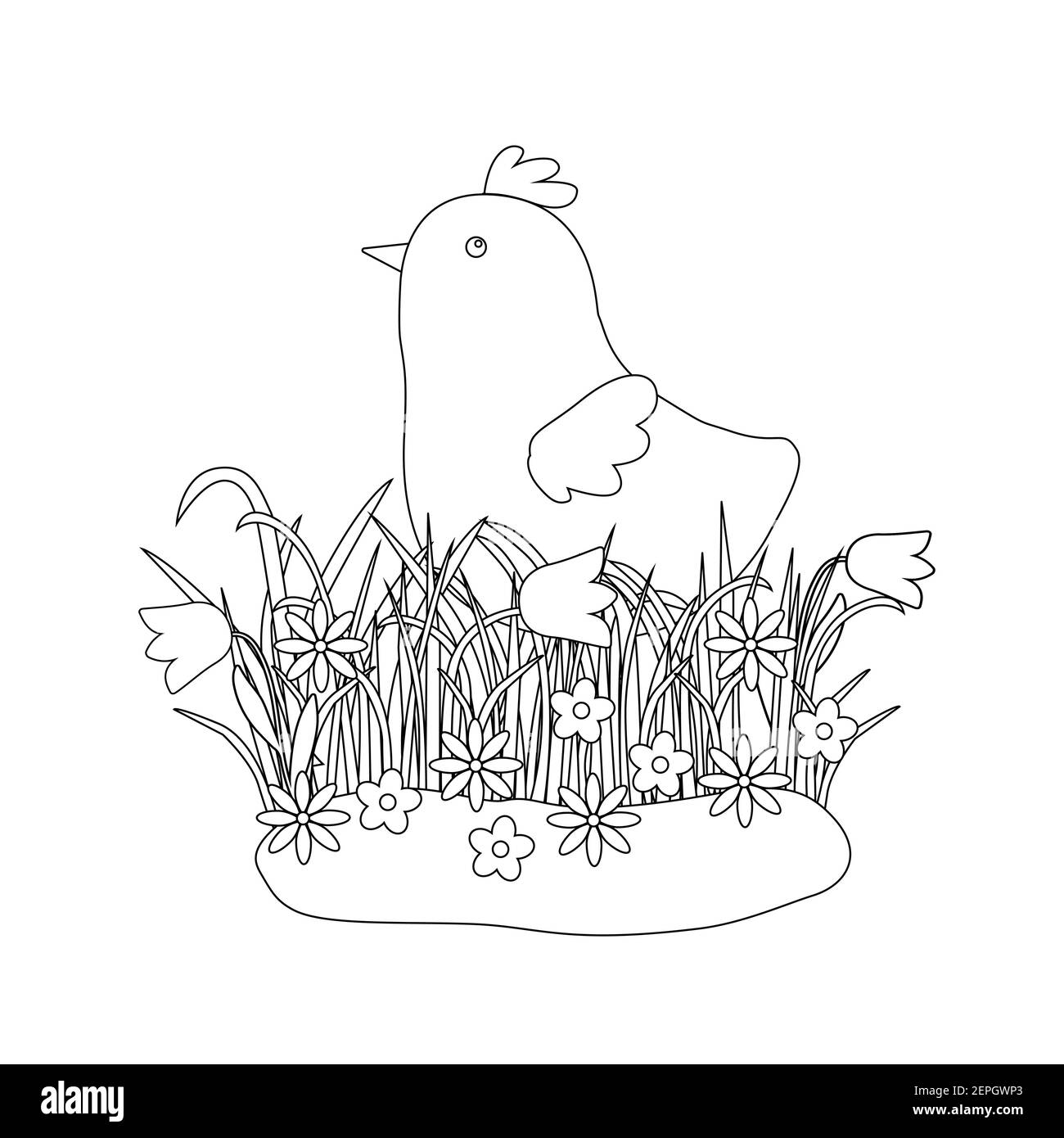 Easter floral composition with cute little chicken, early spring grass ...