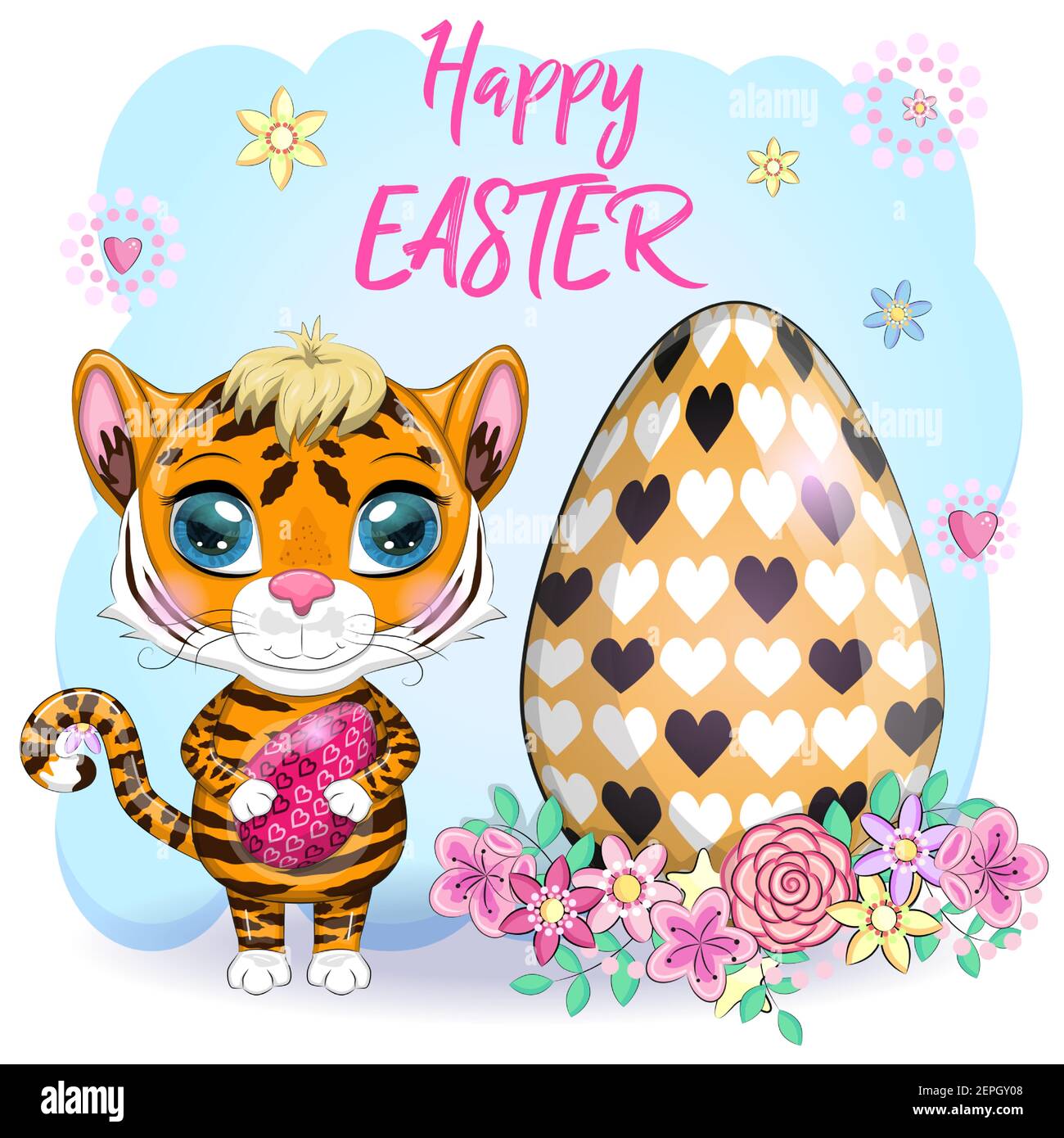 Cartoon tiger with Easter egg as Easter bunny. Easter 2022, April ...