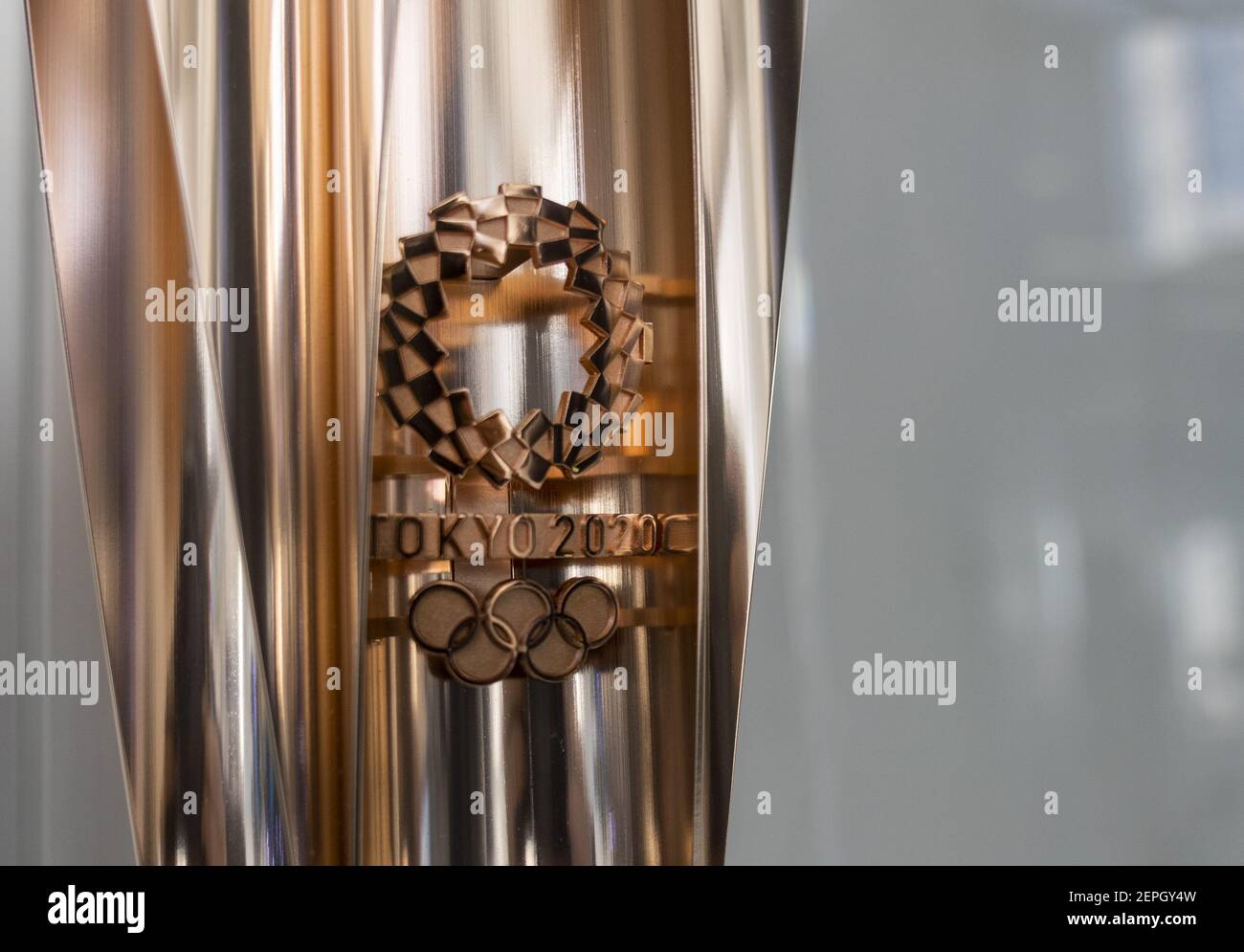 A Tokyo 2020 Olympic sign is seen on the Tokyo 2020 Olympic torch at ...