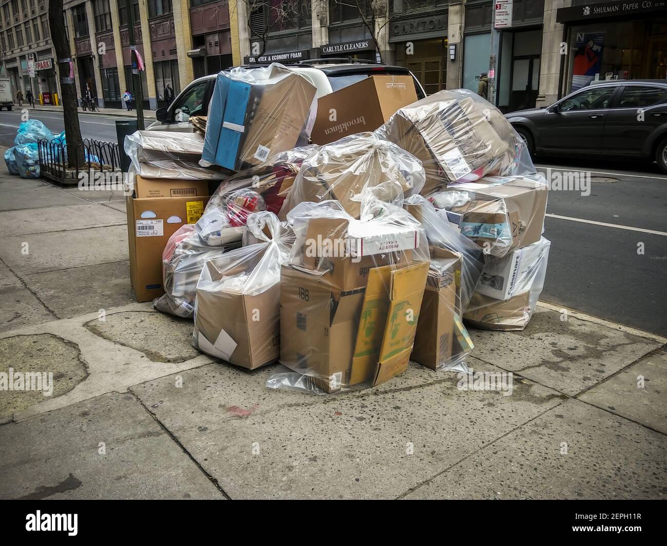 Cardboard boxes from Christmas shopping products waiting for trash pick ...