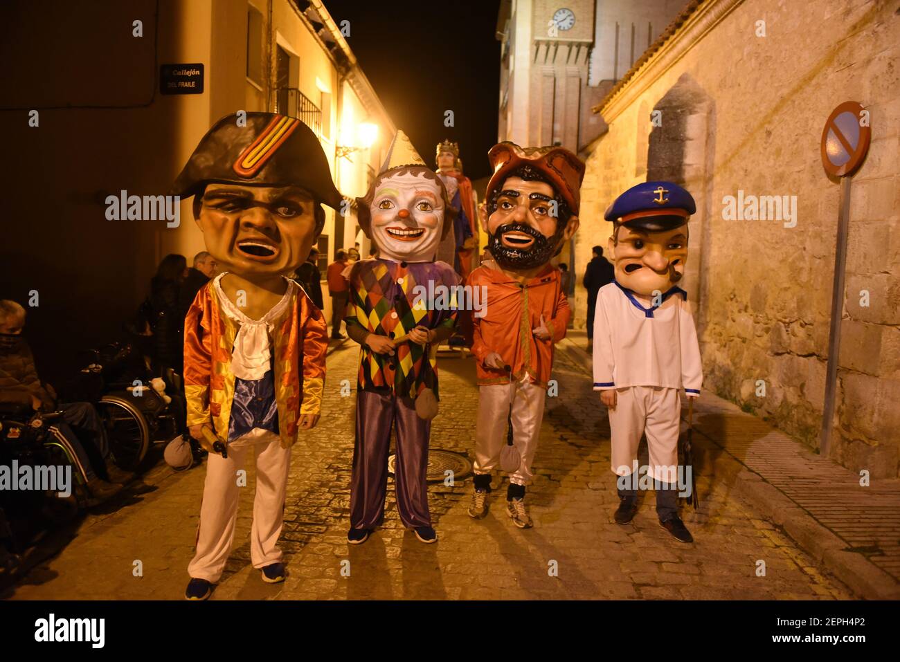 Cabezudos (Big Heads) are seen during the celebration. They were ...