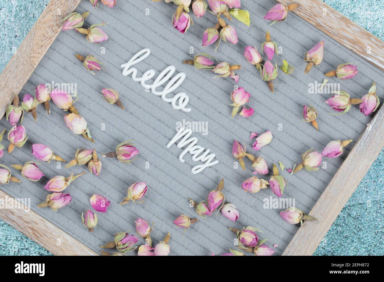 Happy may poster with flower blossoms around Stock Photo - Alamy
