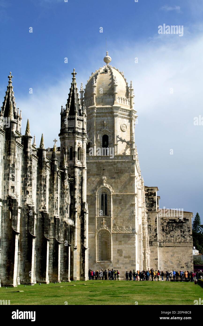 Ancient monastery building and turn of tourists.Lisbon.Portugal Stock ...