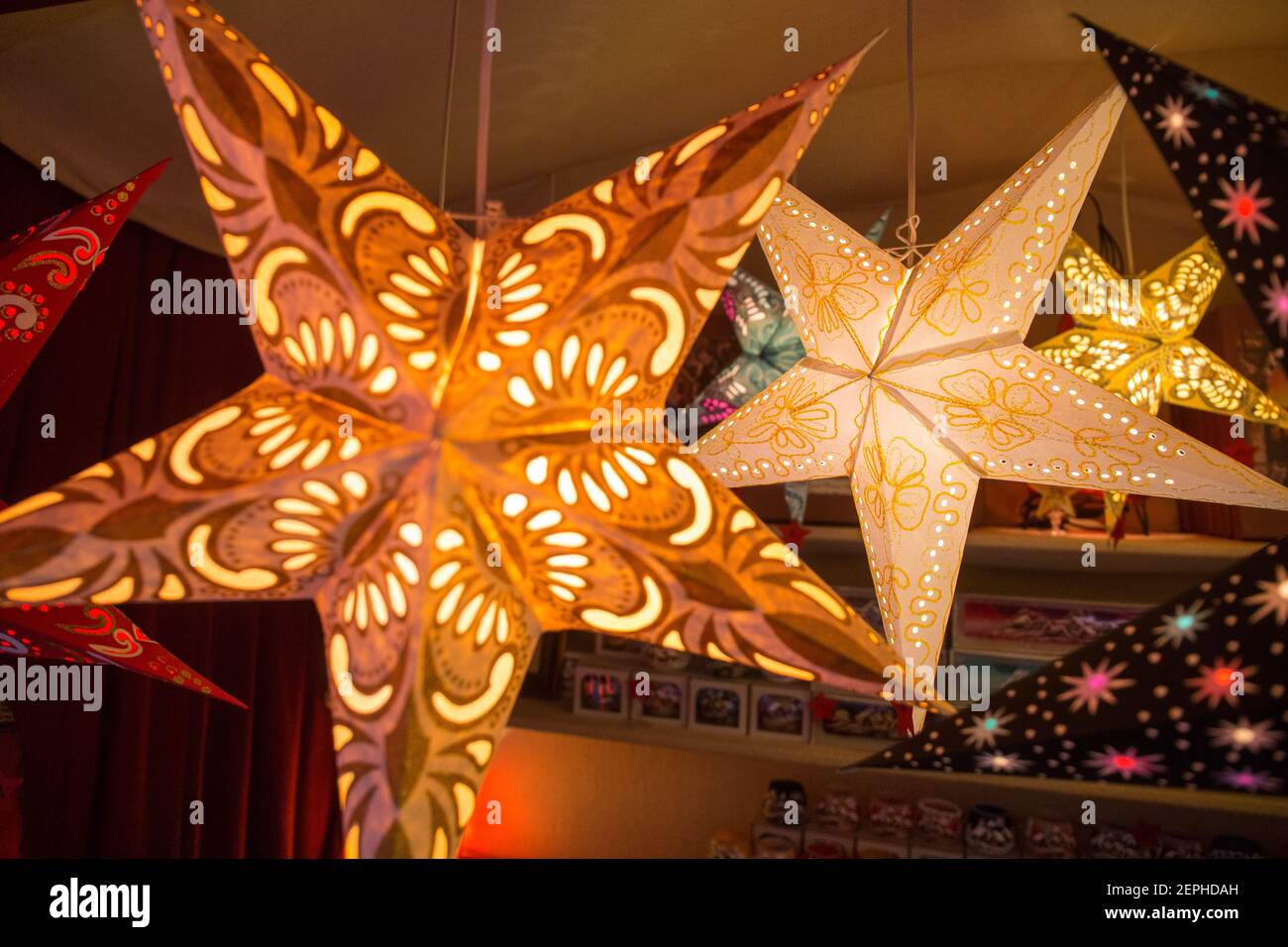 Colourful Herrnhut Stars seen at the Christmas Striezelmarkt one of the ...