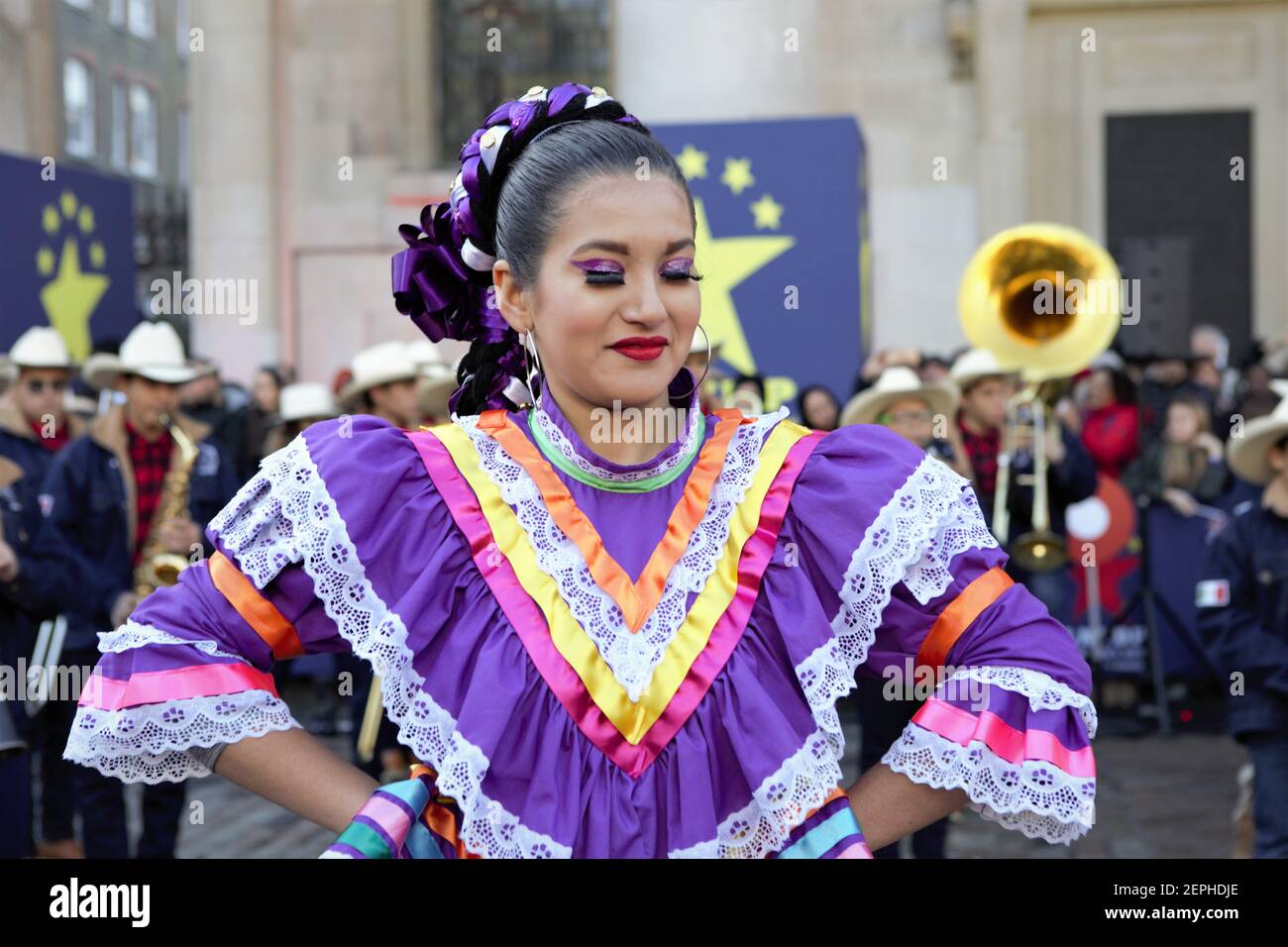 Dancer from the Carneval del Pueblo performing during London's New Year ...