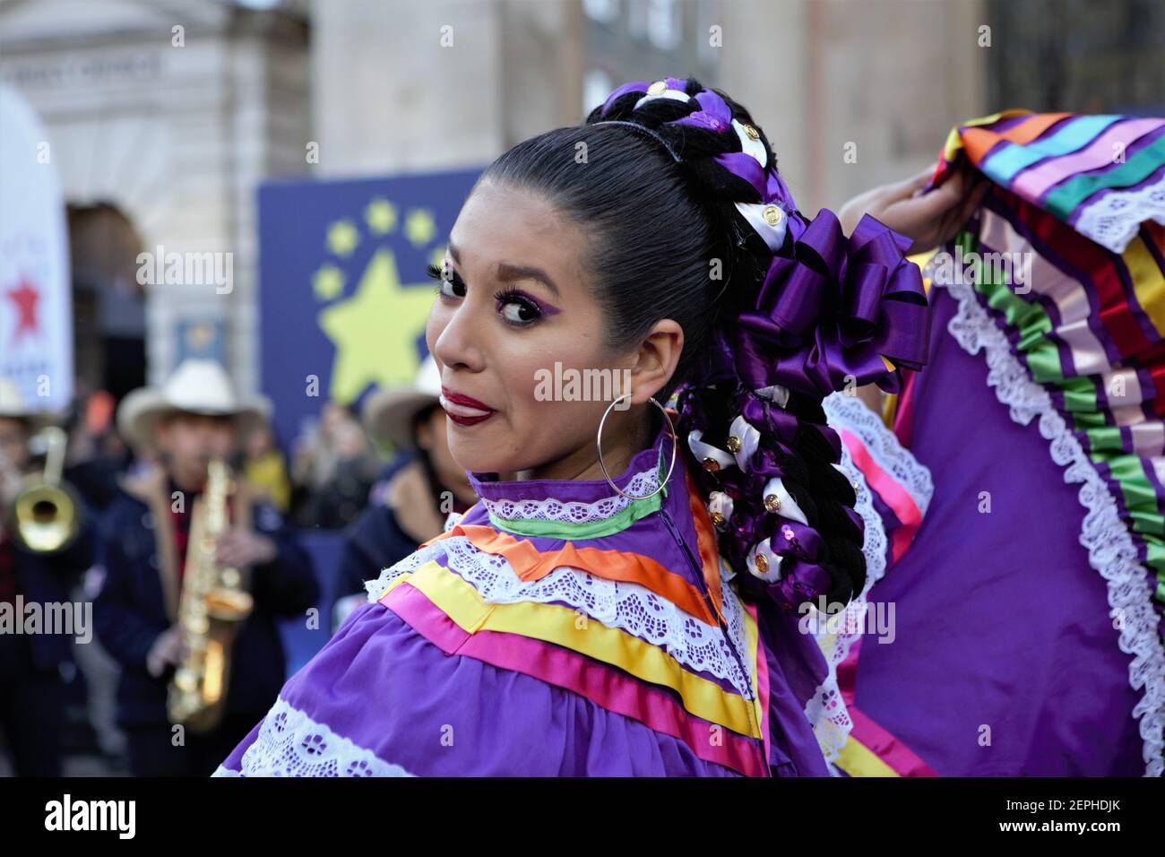 Dancer from the Carneval del Pueblo performing during London's New Year ...