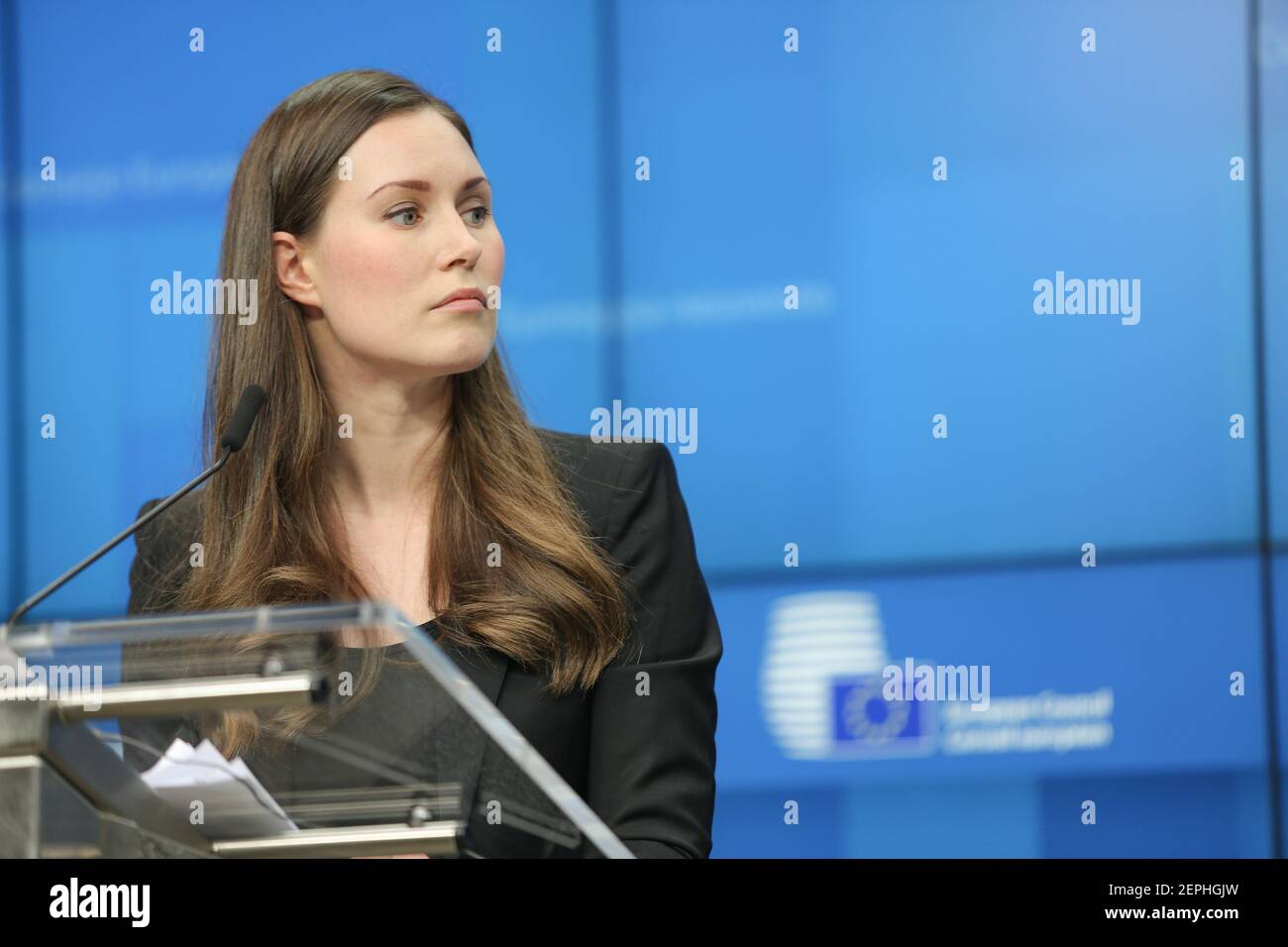 Sanna Marin, Finnish Prime Minister speaks at a press conference after ...