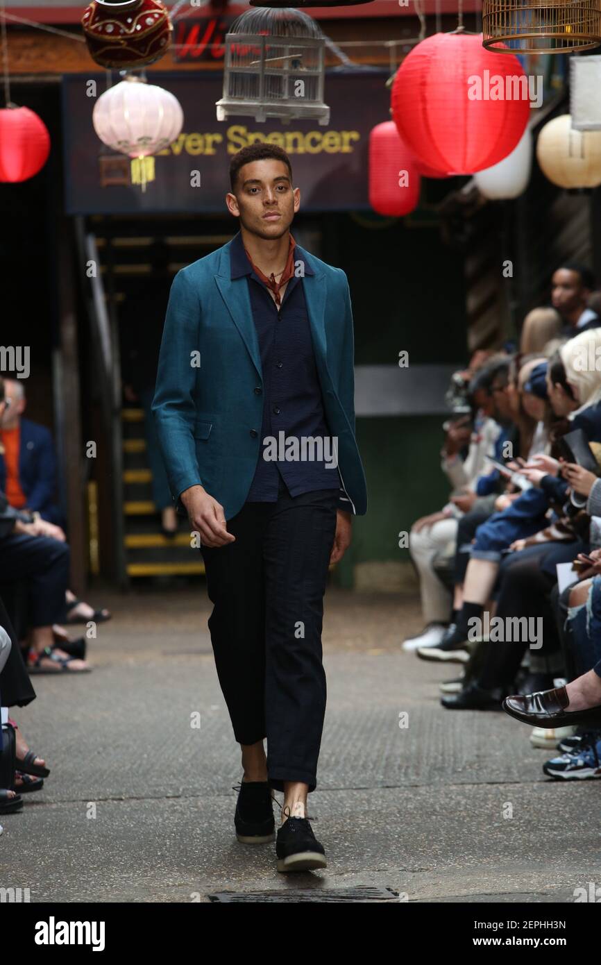 A model showcases during a catwalk show at Oliver Spencer show, London ...