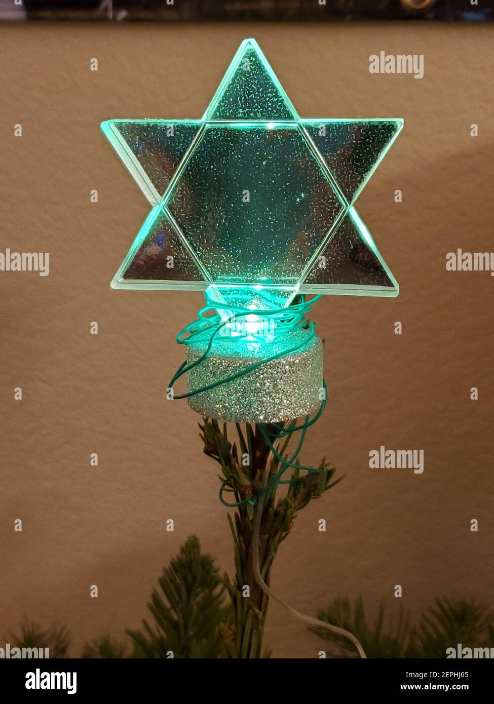 Close-up of lighted Star of David atop a Chanukah bush, San Ramon ...