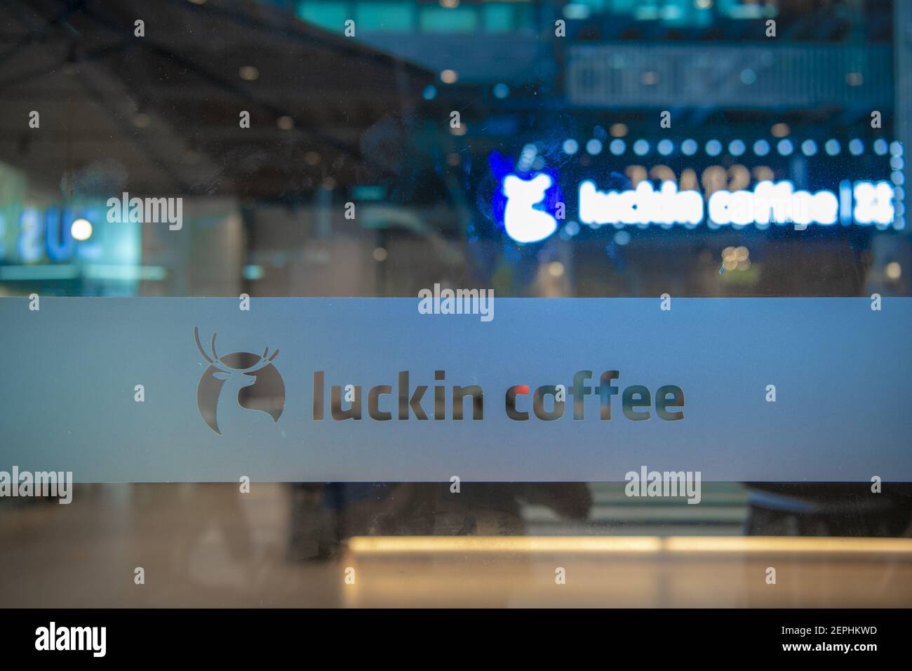 In this unlocated photo, logo of Luckin Coffee, a chain of coffee shops ...