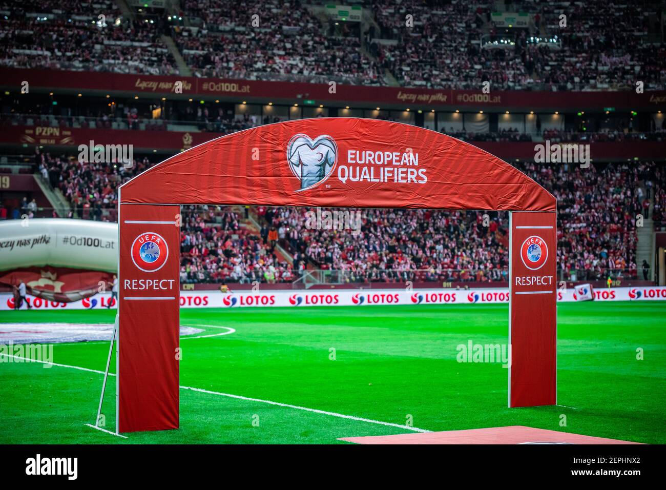 The UEFA European Qualifiers logo seen at the pitch before the UEFA ...