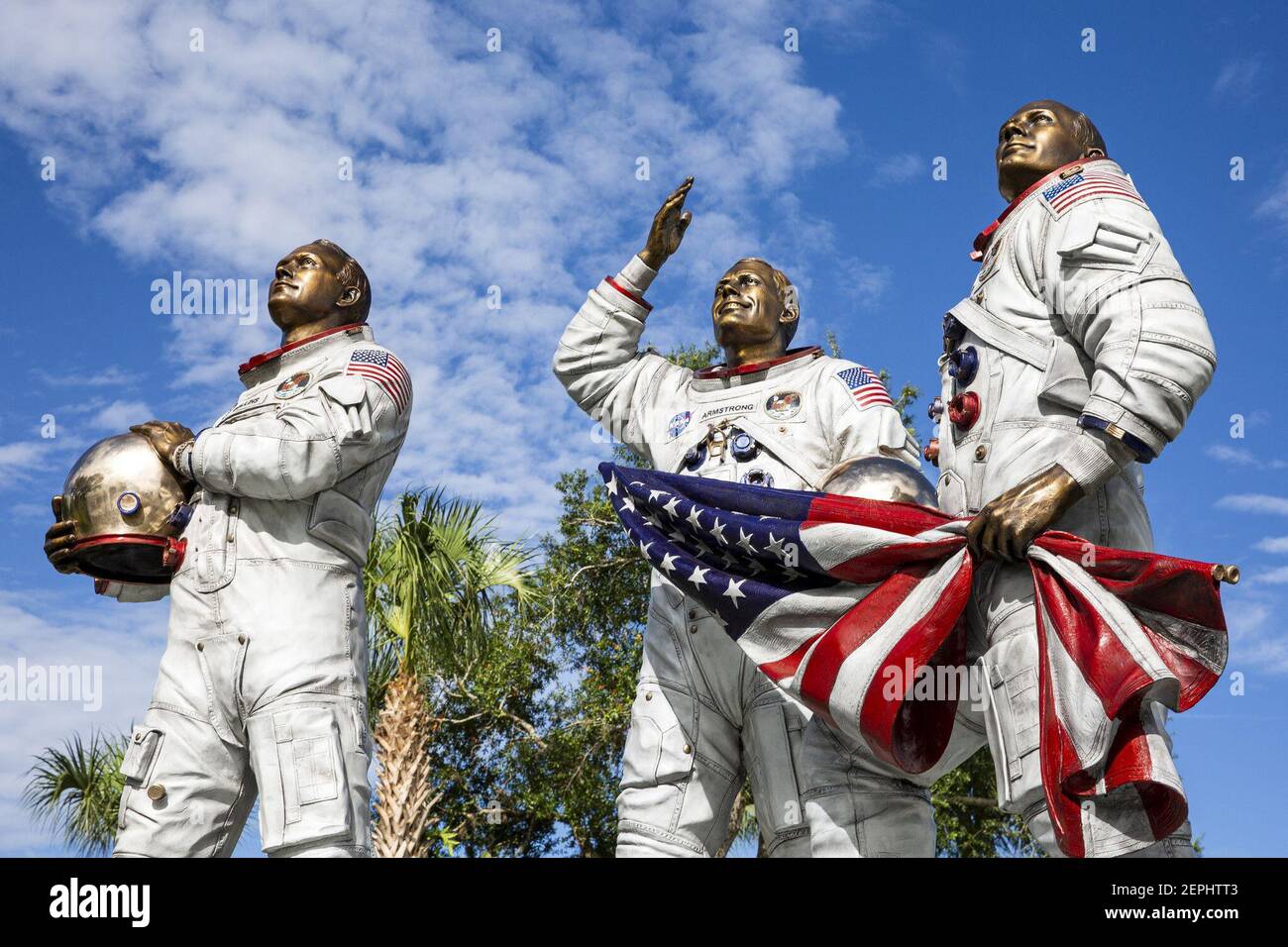 The new Moon Tree Garden features a statue of Apollo 11 astronauts ...
