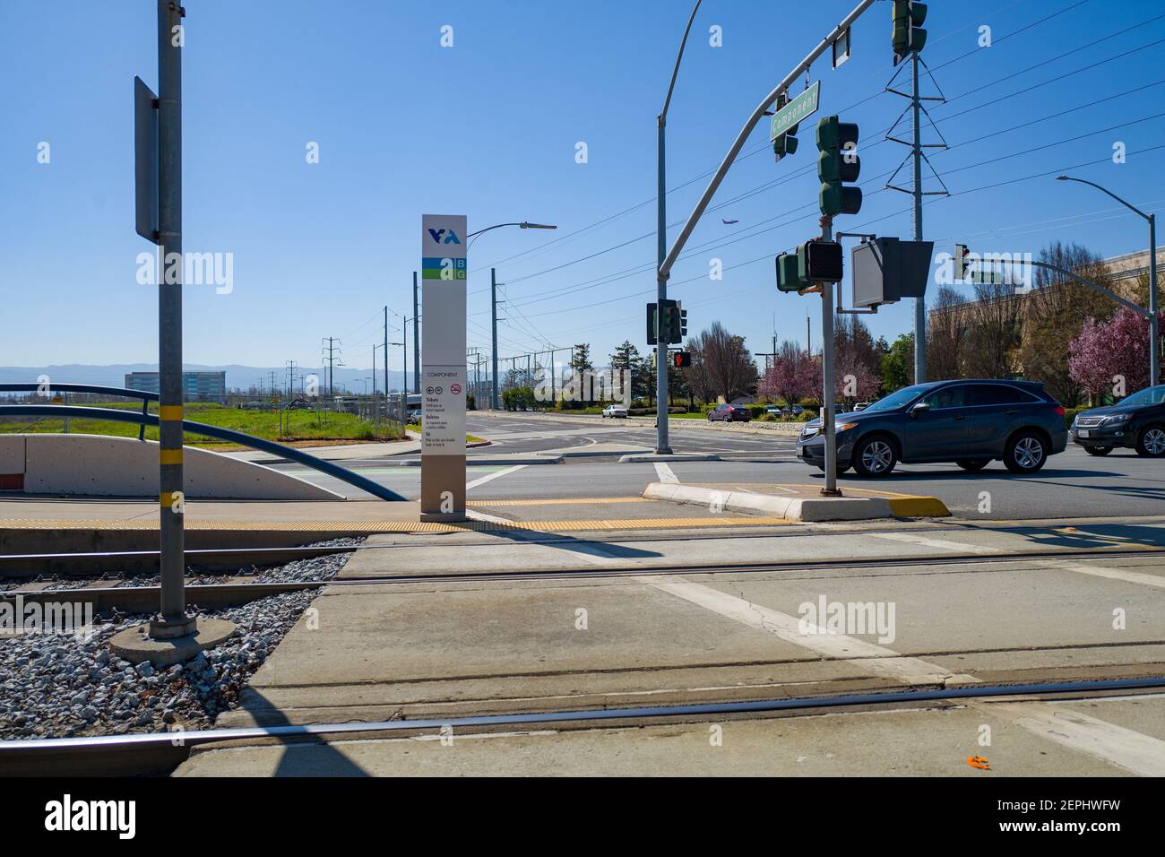 Tracks and signage for Valley Transit Authority (VTA) public transit ...