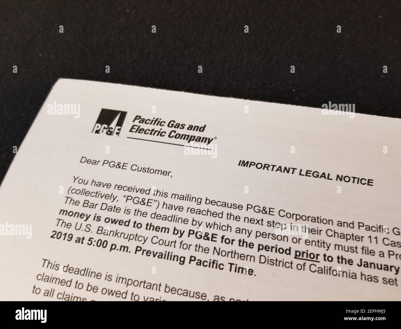 Close-up of notice of Chapter 11 bankruptcy, sent to customers and ...