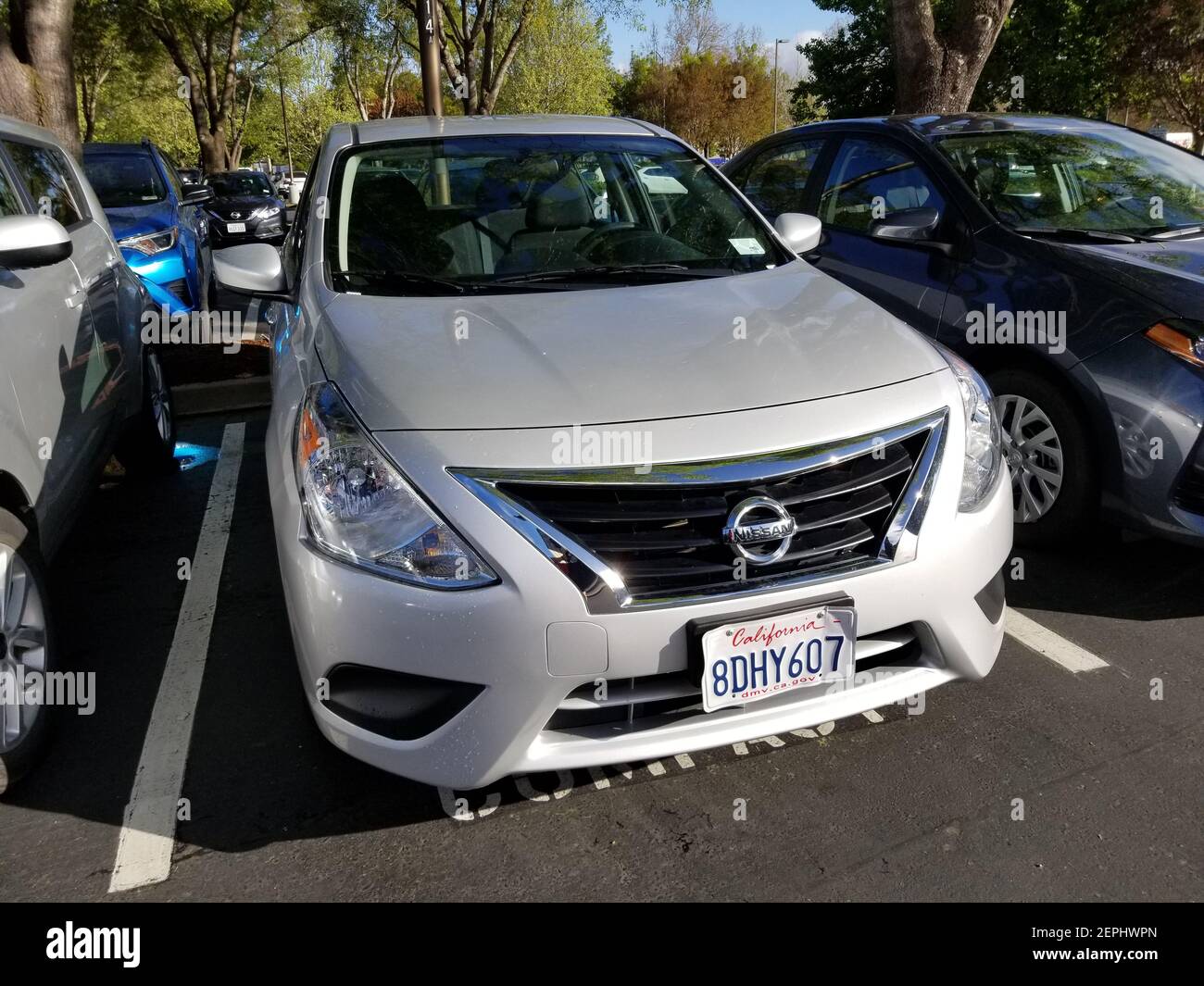 Front view of silver Nissan Versa subcompact automobile, April 16, 2019 ...