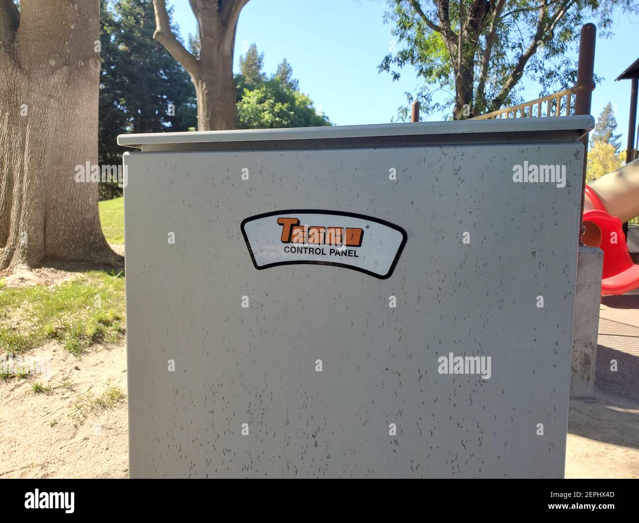 Close-up of logo for Tesco Electrical on control box outdoors, August ...