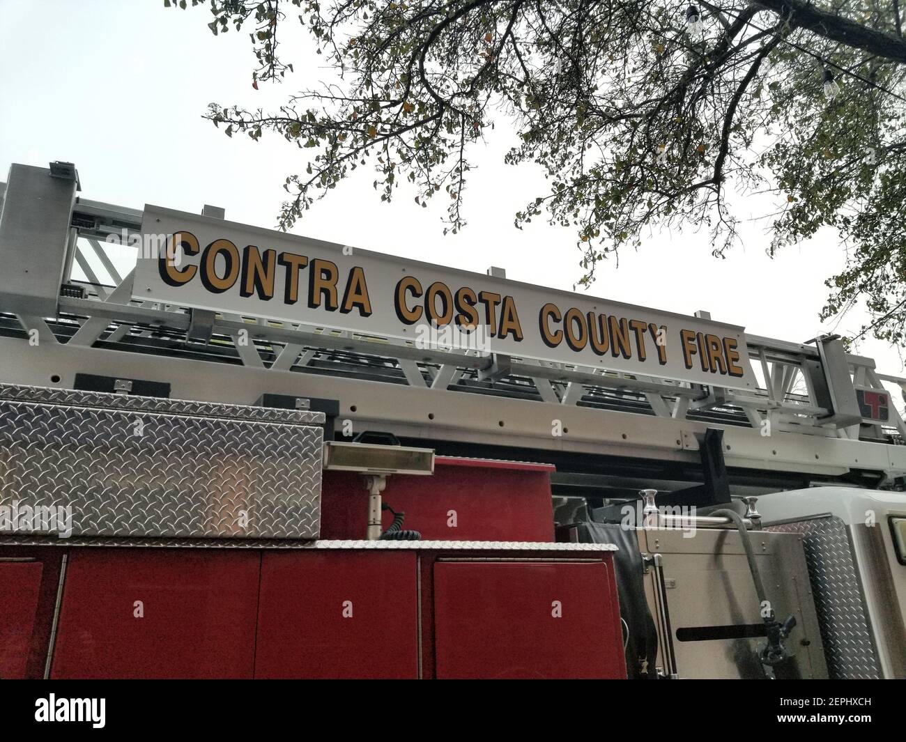 Close-up of text on top of fire engine reading Contra Costa County Fire ...