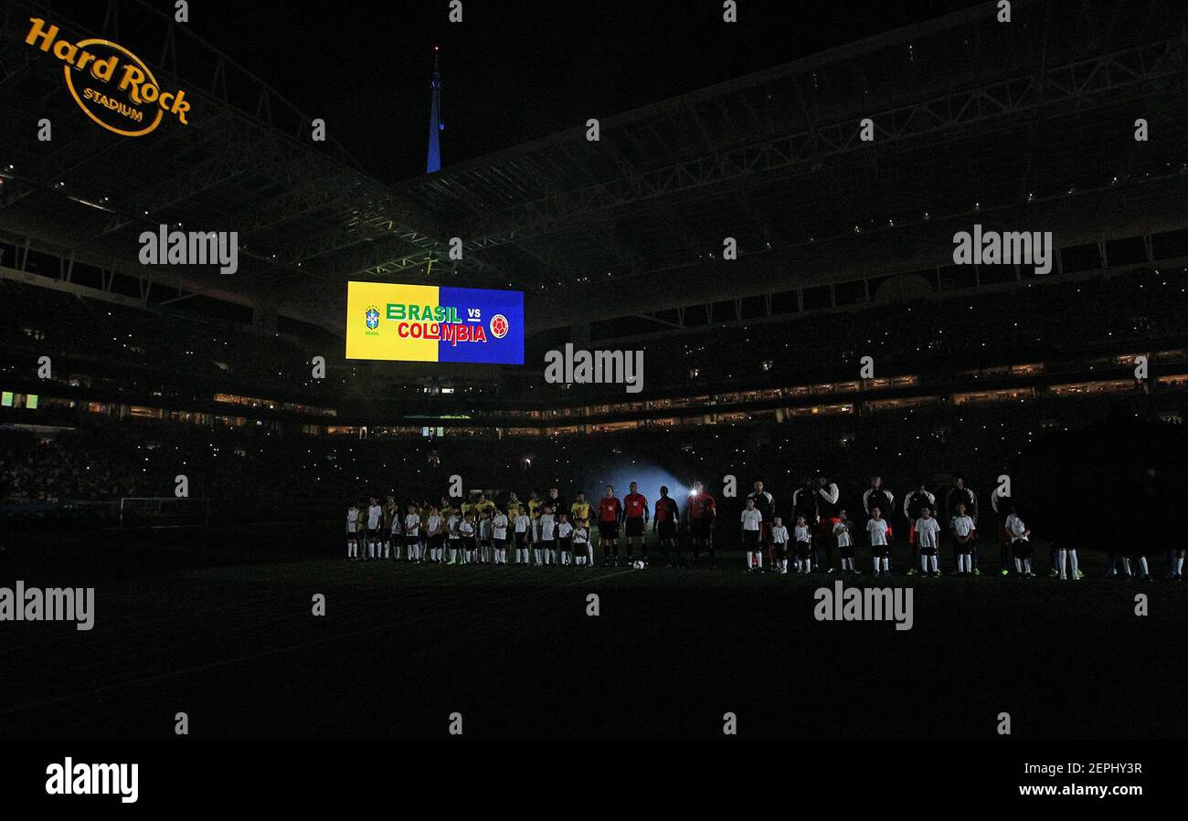 The national teams from Brazil and Colombia before the start of their ...