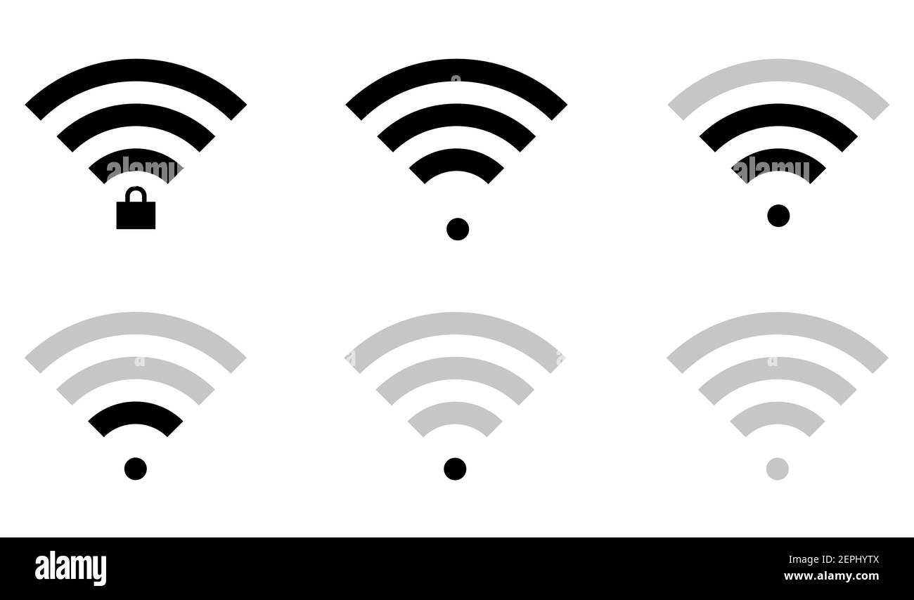 Flat wifi sign icons in straight shape and connection level, locked and ...
