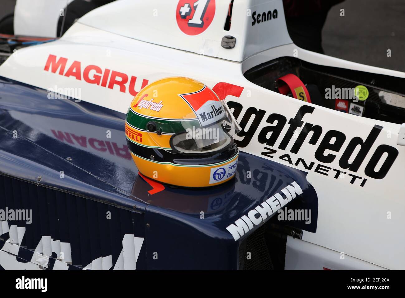 Close up of racing helmet resting on a racing car during the 2019 Grand ...
